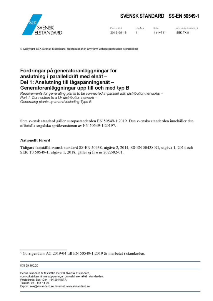 SS-EN 50549-1 - Köp standarden online | EL-VIS